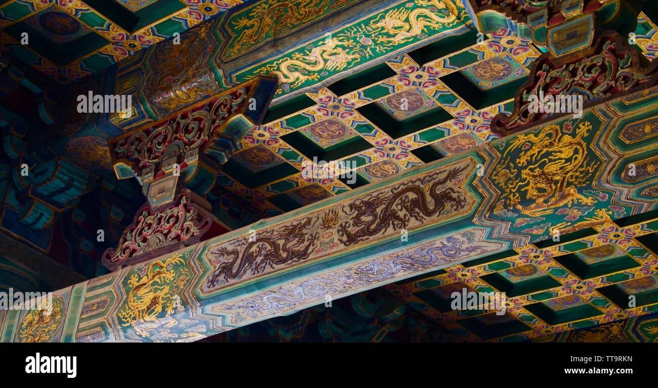 Internal beams in the roof of a traditional chinese building, painted ...