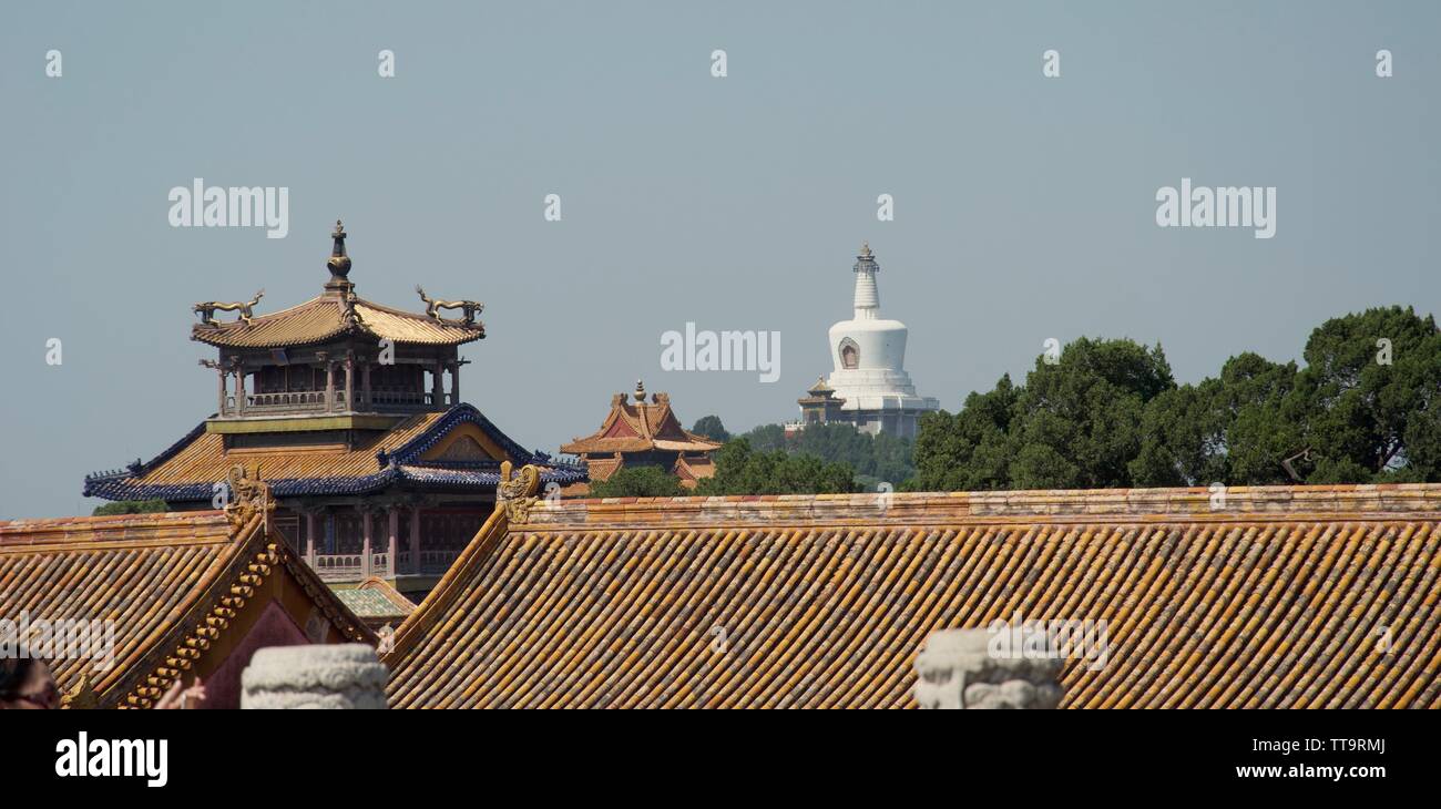 Rooftops in the Forbidden City, Beijing, China. Trees and white ...