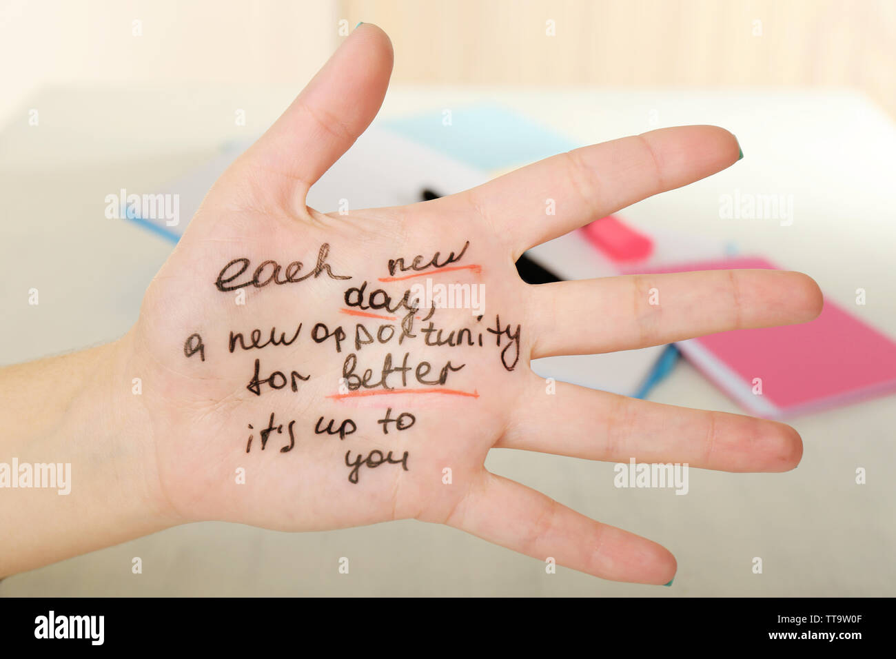 Female hand with written message on work place background Stock Photo ...