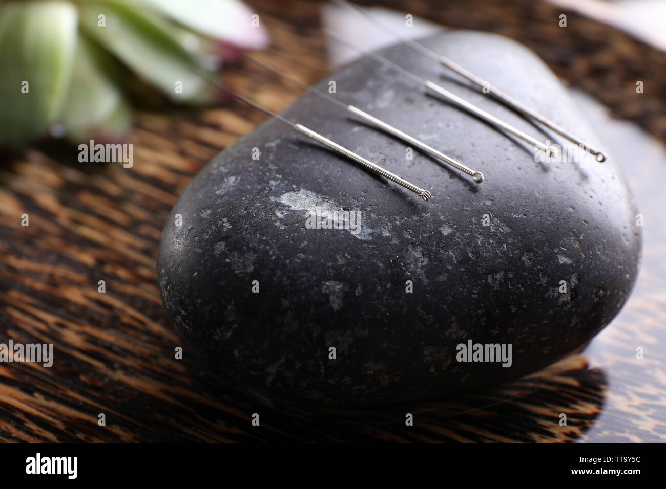 Acupuncture needles with spa stone on tray, closeup Stock Photo - Alamy