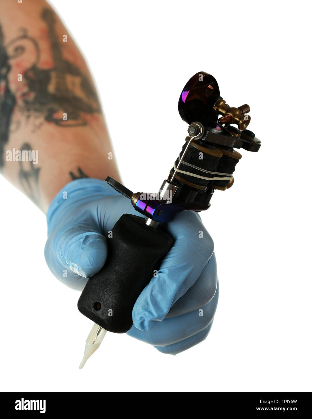 Hand of tattoo artist with tattoo machine isolated on white Stock Photo ...