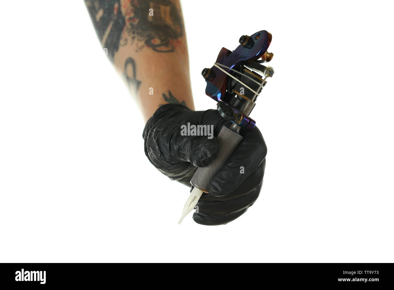 Hand of tattoo artist with tattoo machine isolated on white Stock Photo ...
