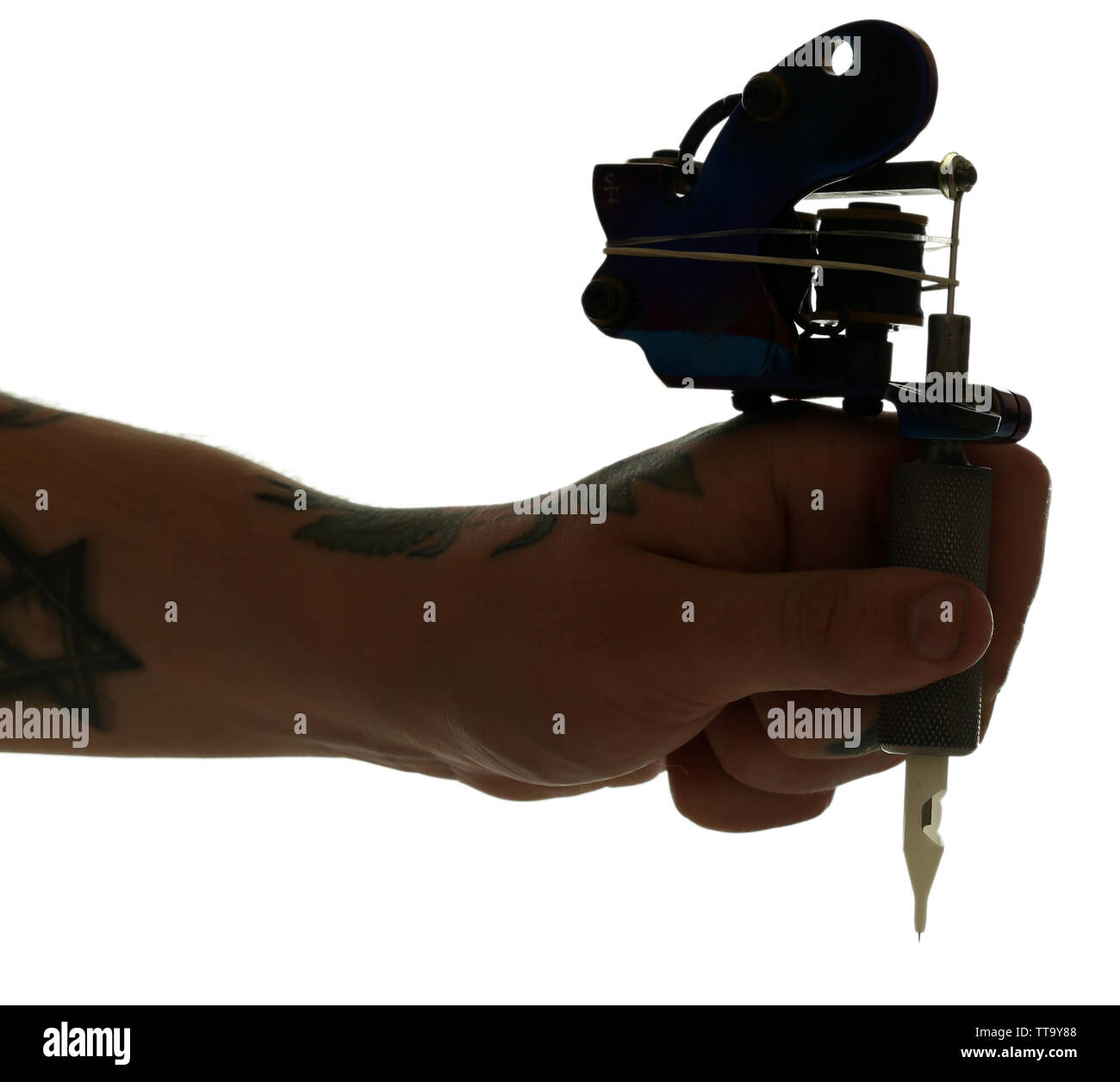Hand of tattoo artist with tattoo machine isolated on white Stock Photo ...