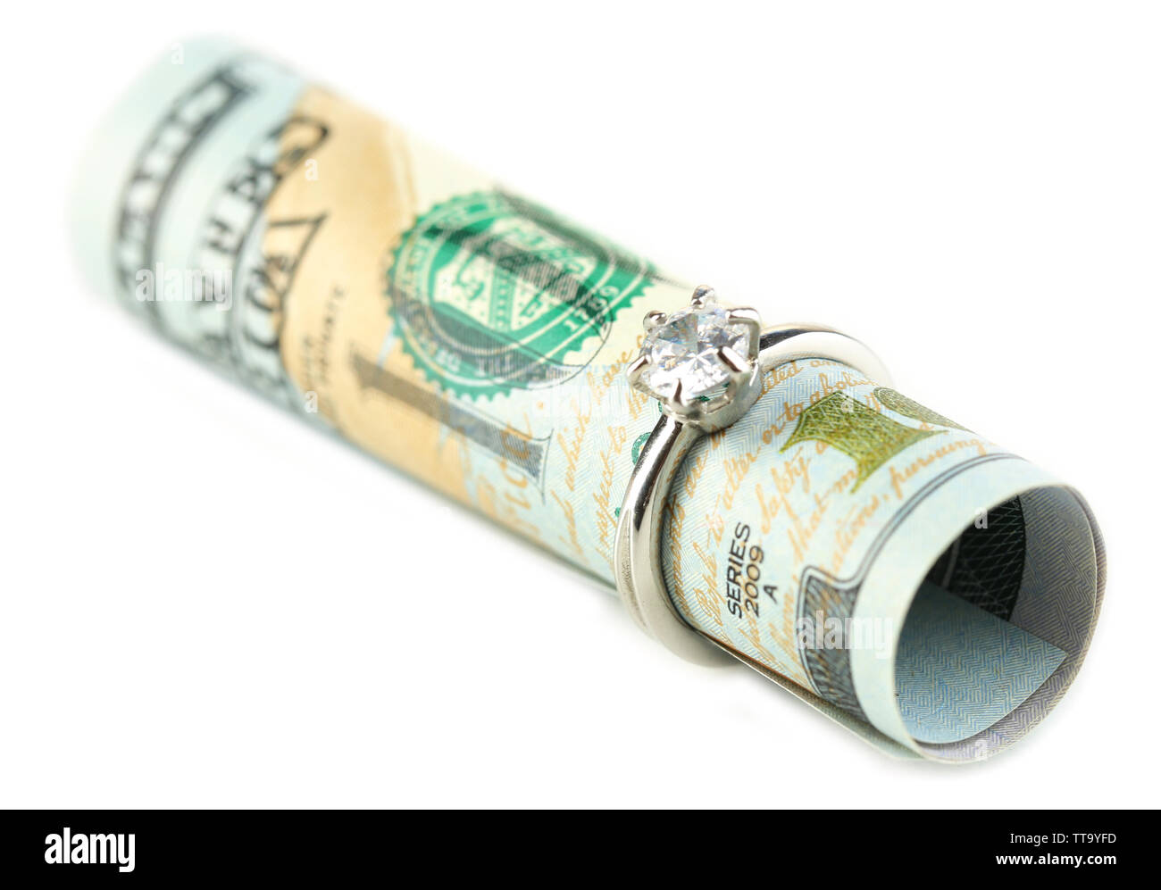 Dollar banknote and wedding ring, isolated on white Stock Photo - Alamy