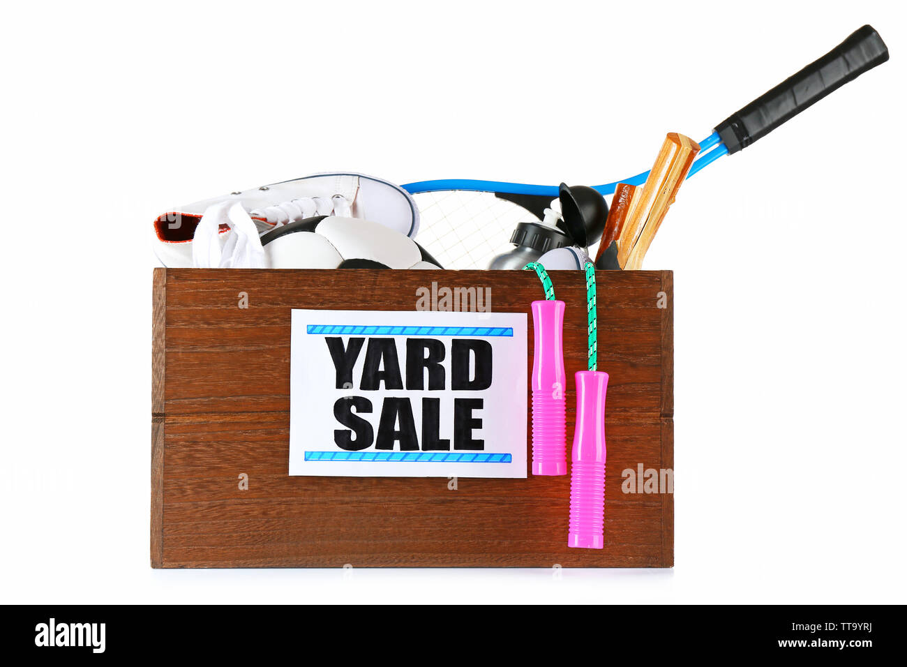 Box of unwanted stuff ready for yard sale isolated on white Stock Photo ...