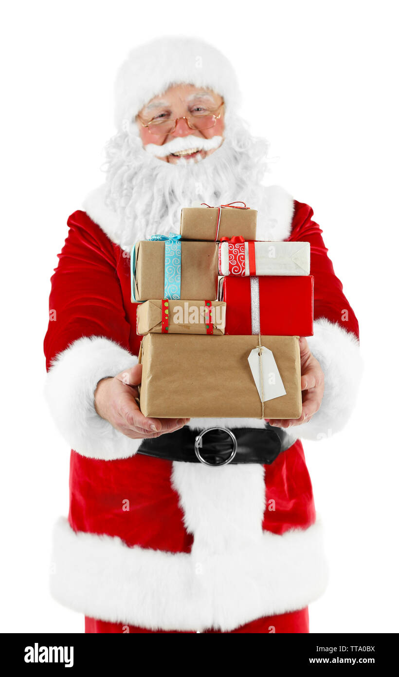 Santa Claus with gift boxes isolated on white background Stock Photo ...