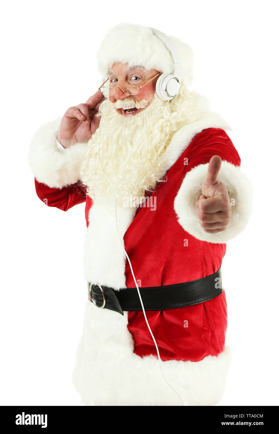 Santa Claus with headphones listening to music, isolated on white ...