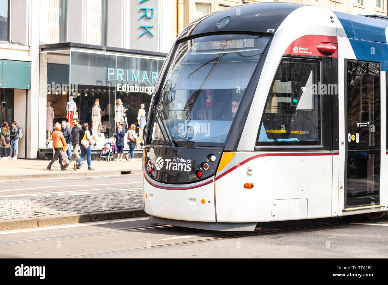 An Urbos 3 tram in Princes Street in Edinburgh, Scotland, UK. The city ...