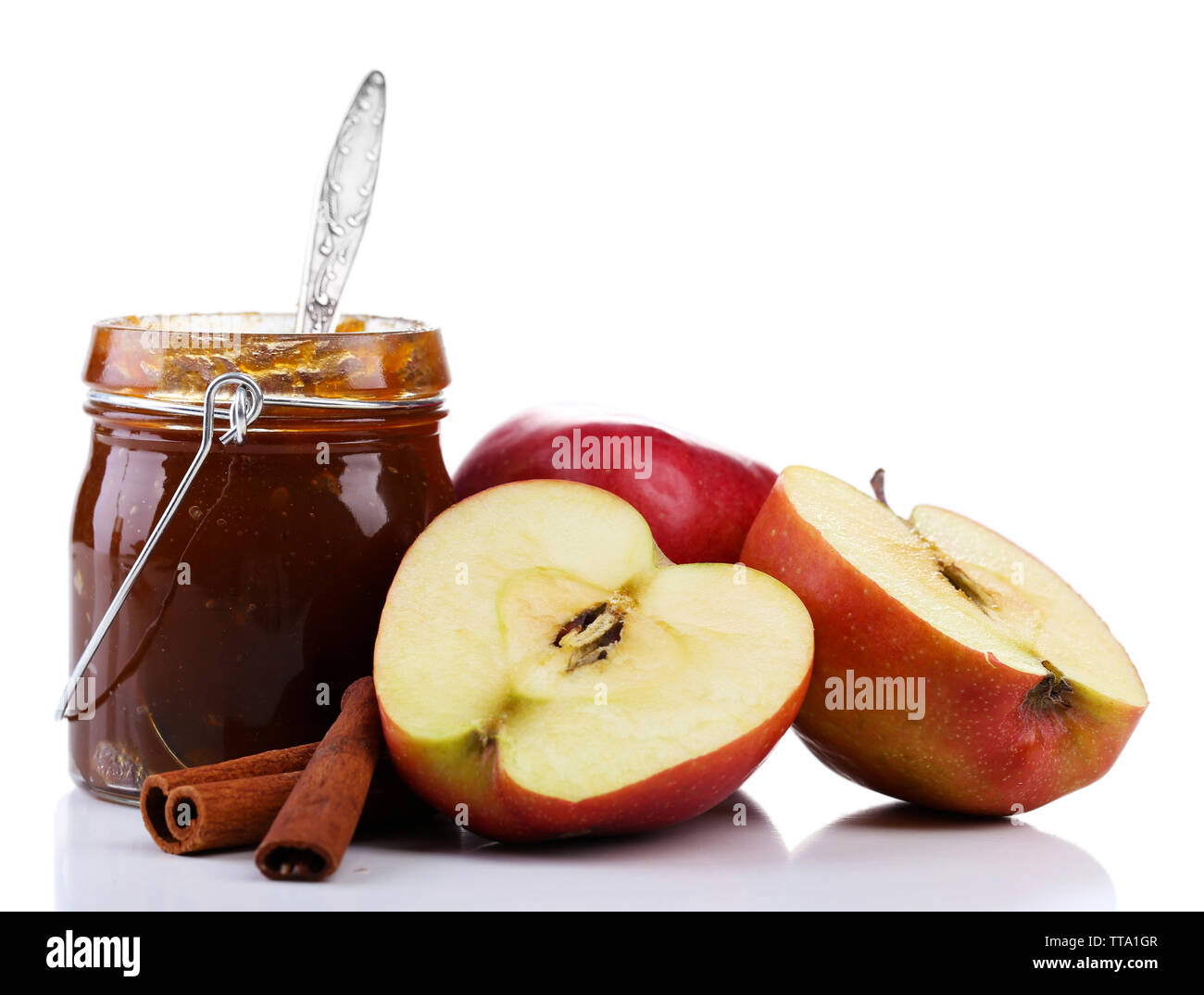 Apple jam in jar and fresh red apples isolated on white Stock Photo - Alamy