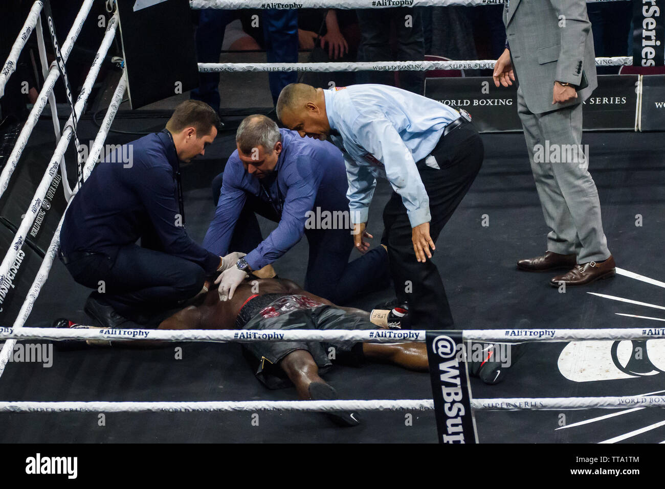 Riga, Latvia. 15th of June, 2019. Andrew Tabiti lying down on the ring ...