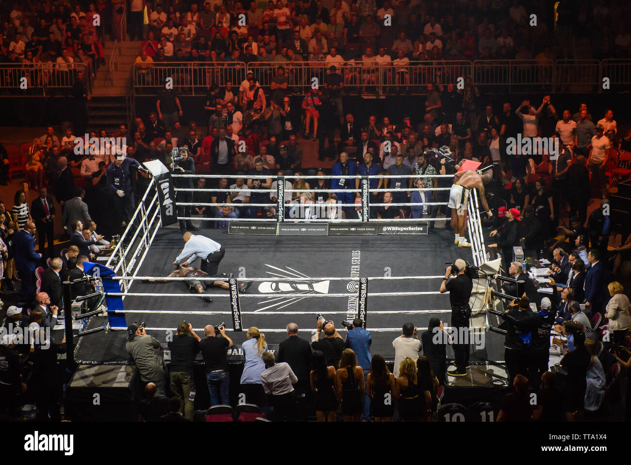 Riga, Latvia. 15th of June, 2019. Andrew Tabiti lying down on the ring ...