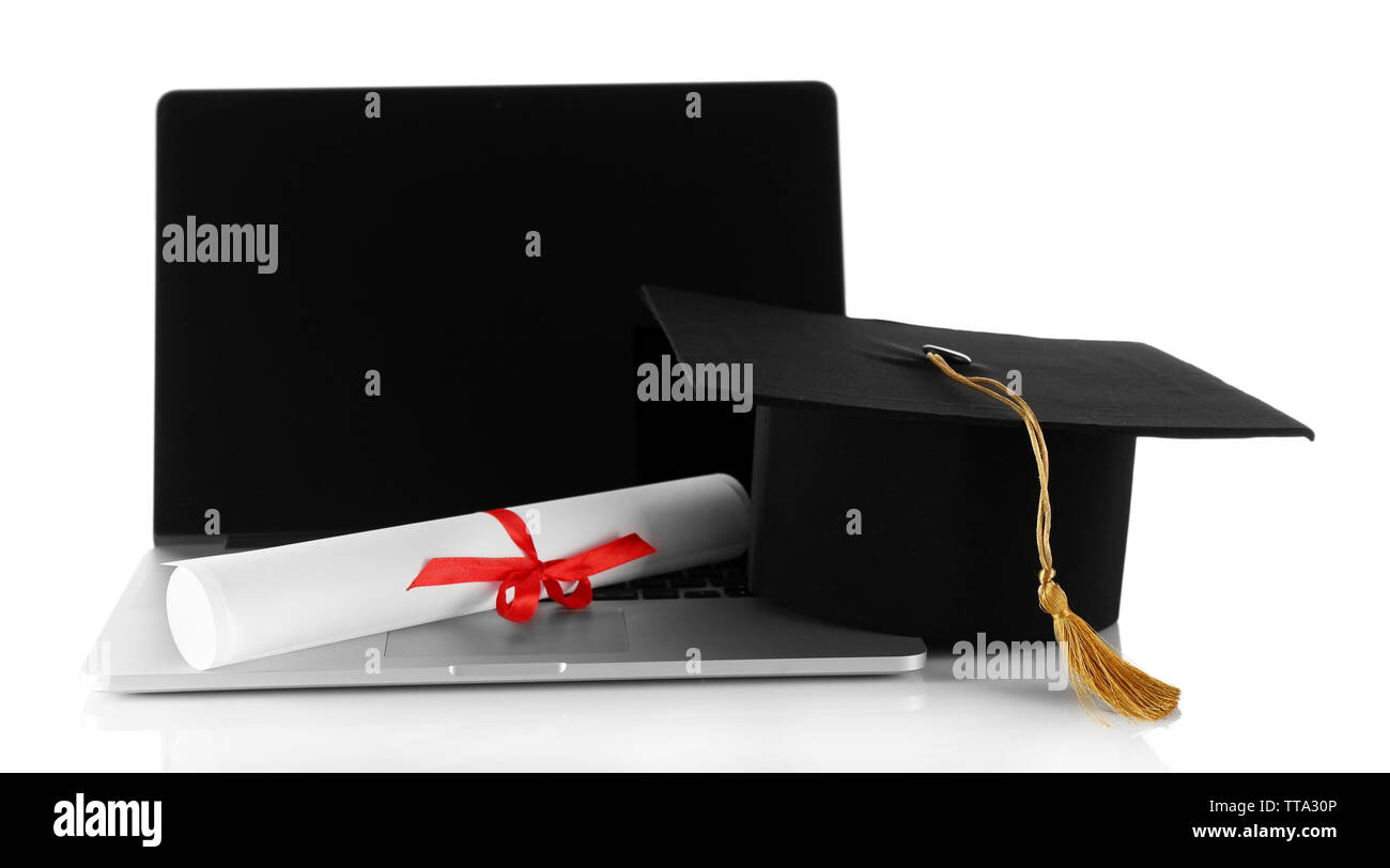 Graduation cap with laptop and diploma isolated on white Stock Photo ...