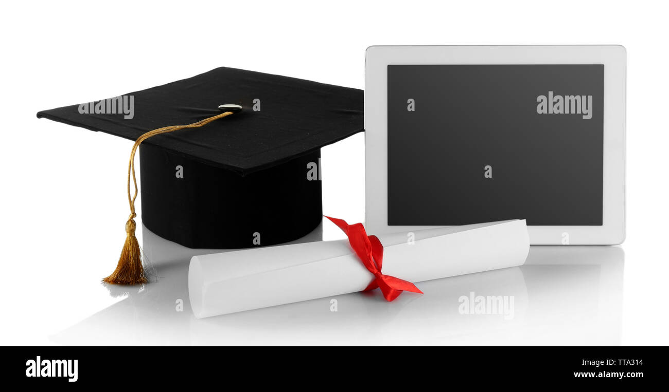 Graduation cap with tablet and diploma isolated on white Stock Photo ...