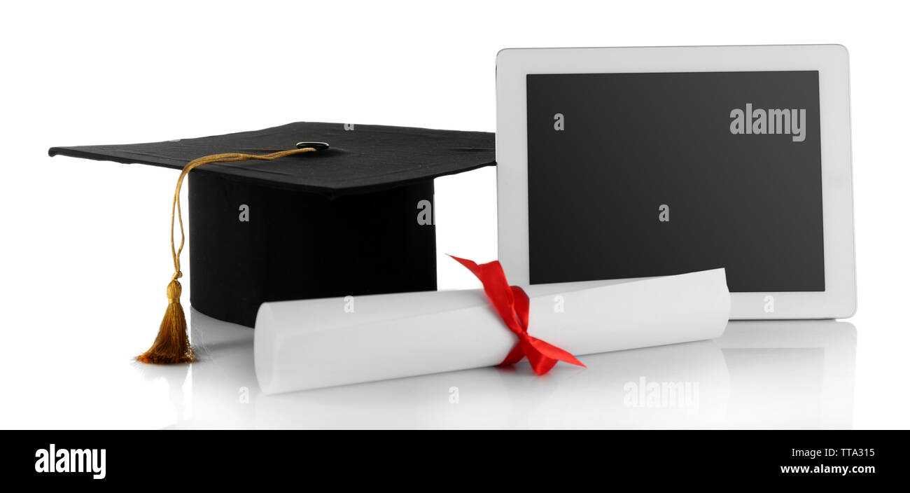Graduation cap with tablet and diploma isolated on white Stock Photo ...