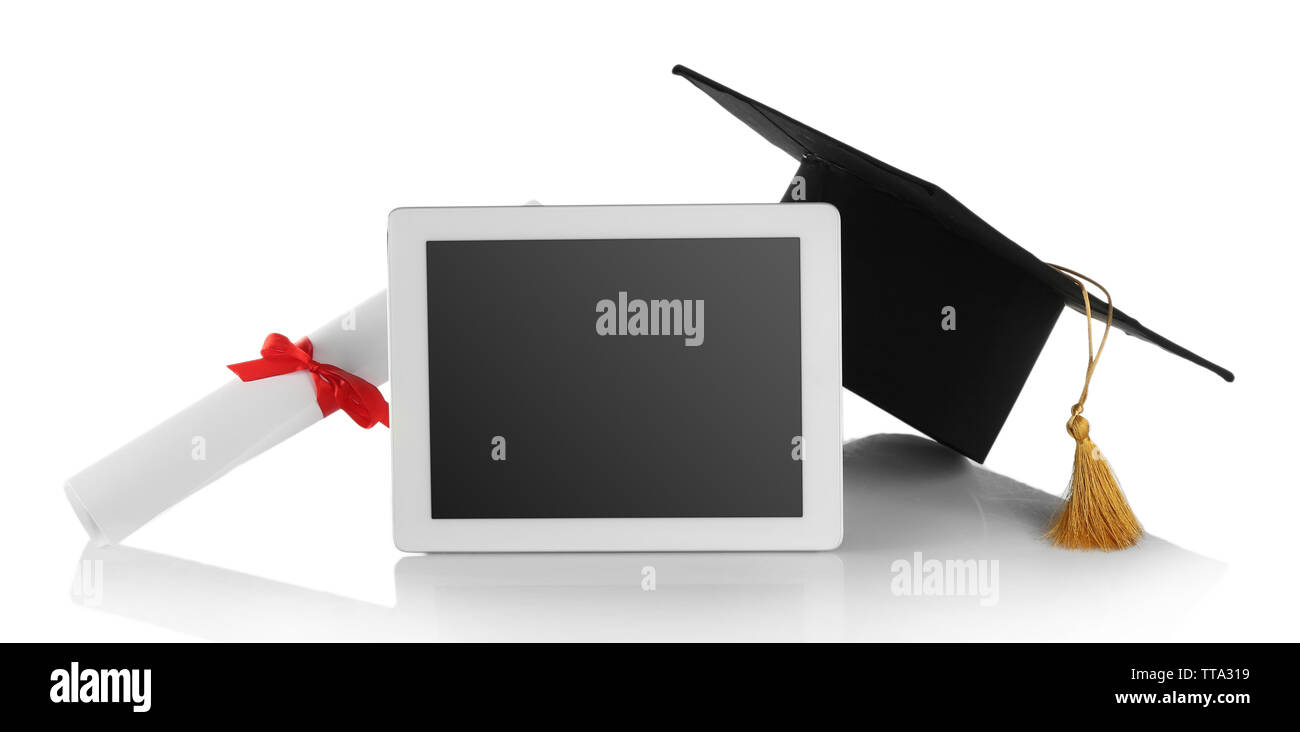 Graduation cap with tablet and diploma isolated on white Stock Photo ...