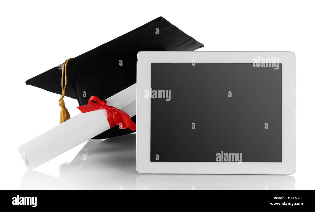 Graduation cap with tablet and diploma isolated on white Stock Photo ...