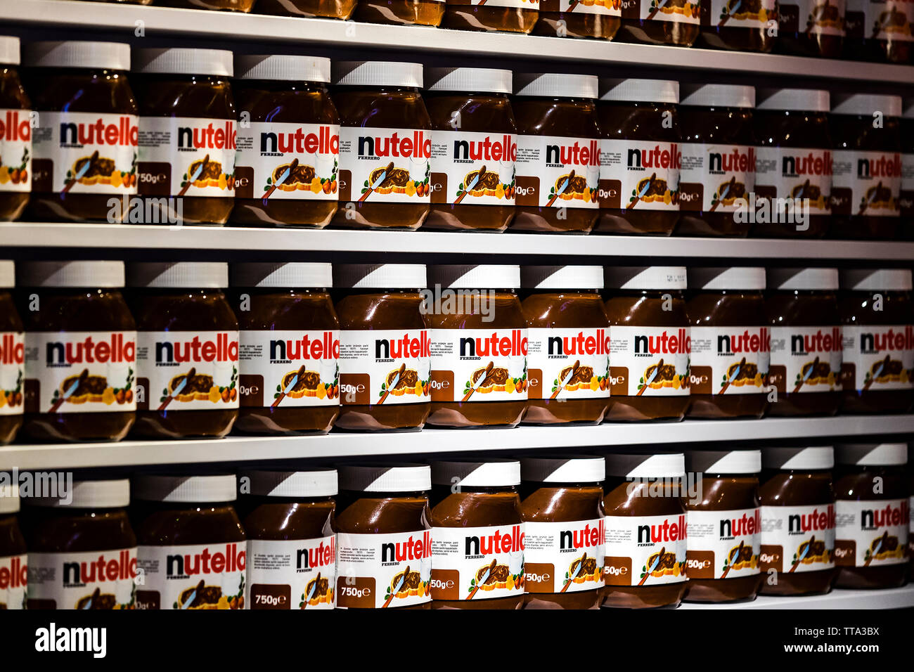TEL AVIV, ISRAEL - 26 NOVEMBER 2017: Background with cans of chocolate ...