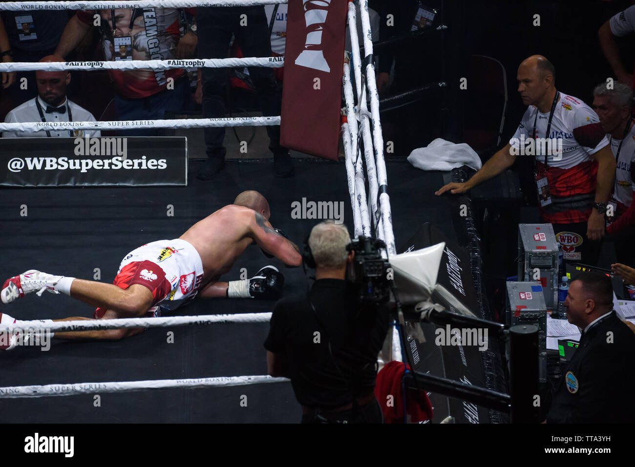 Riga, Latvia. 15th of June, 2019. Krzysztof Glowacki (L) lying down on ...
