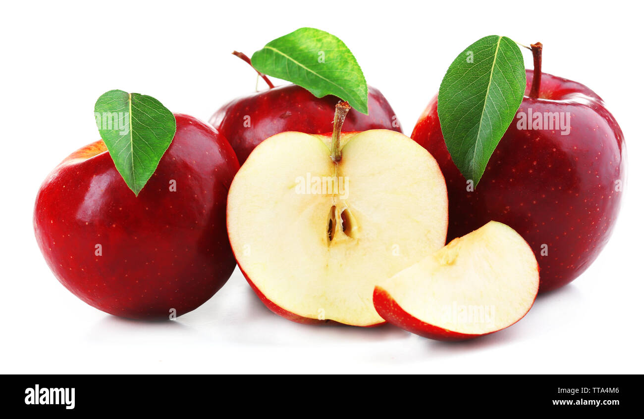 Red apples with leaves and slices isolated on white Stock Photo - Alamy