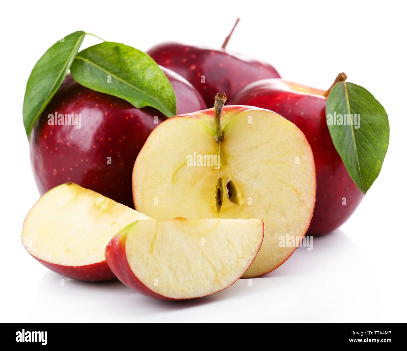 Red apples with leaves and slices isolated on white Stock Photo - Alamy