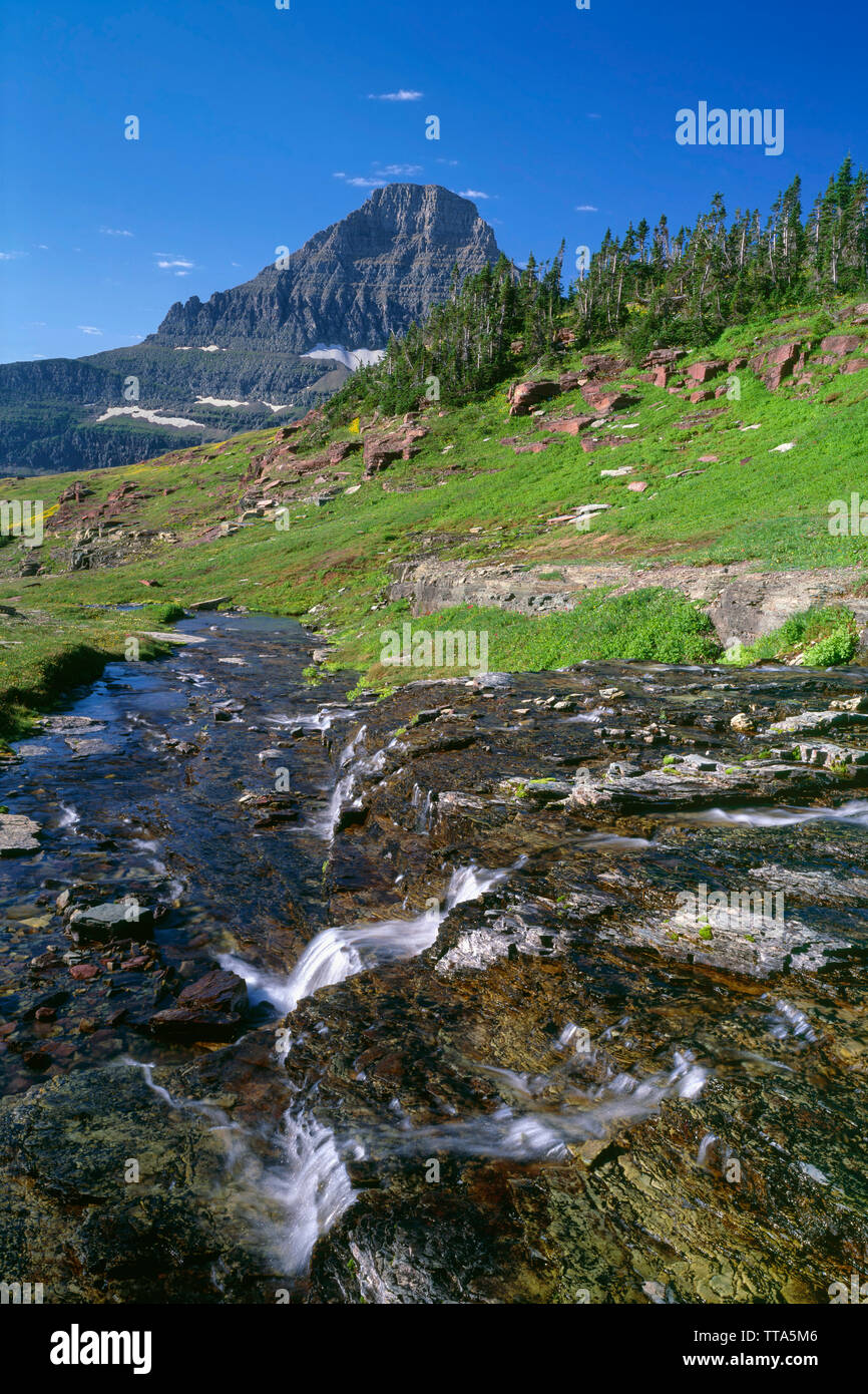 USA, Montana, Glacier National Park, Logan Creek descends sedimentary ...