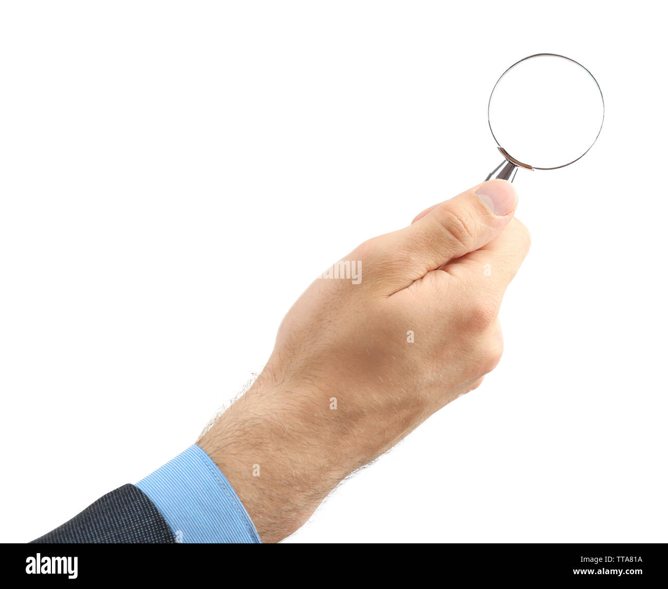 Male hand holding magnifying glass isolated on white Stock Photo - Alamy