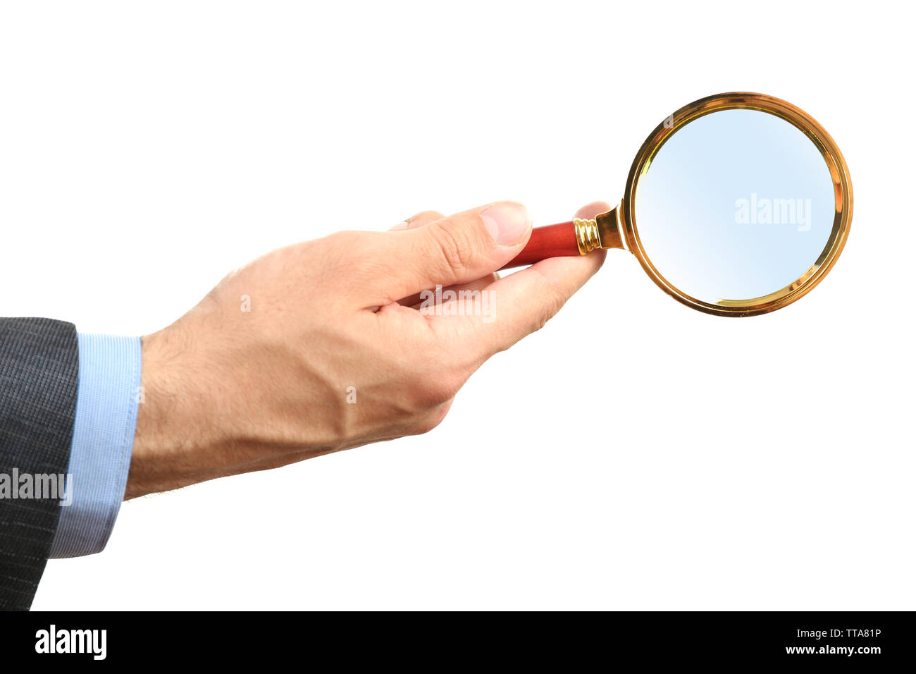 Male hand holding magnifying glass isolated on white Stock Photo - Alamy