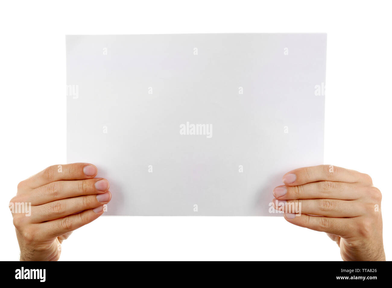 Male hand holding blank paper on white Stock Photo - Alamy
