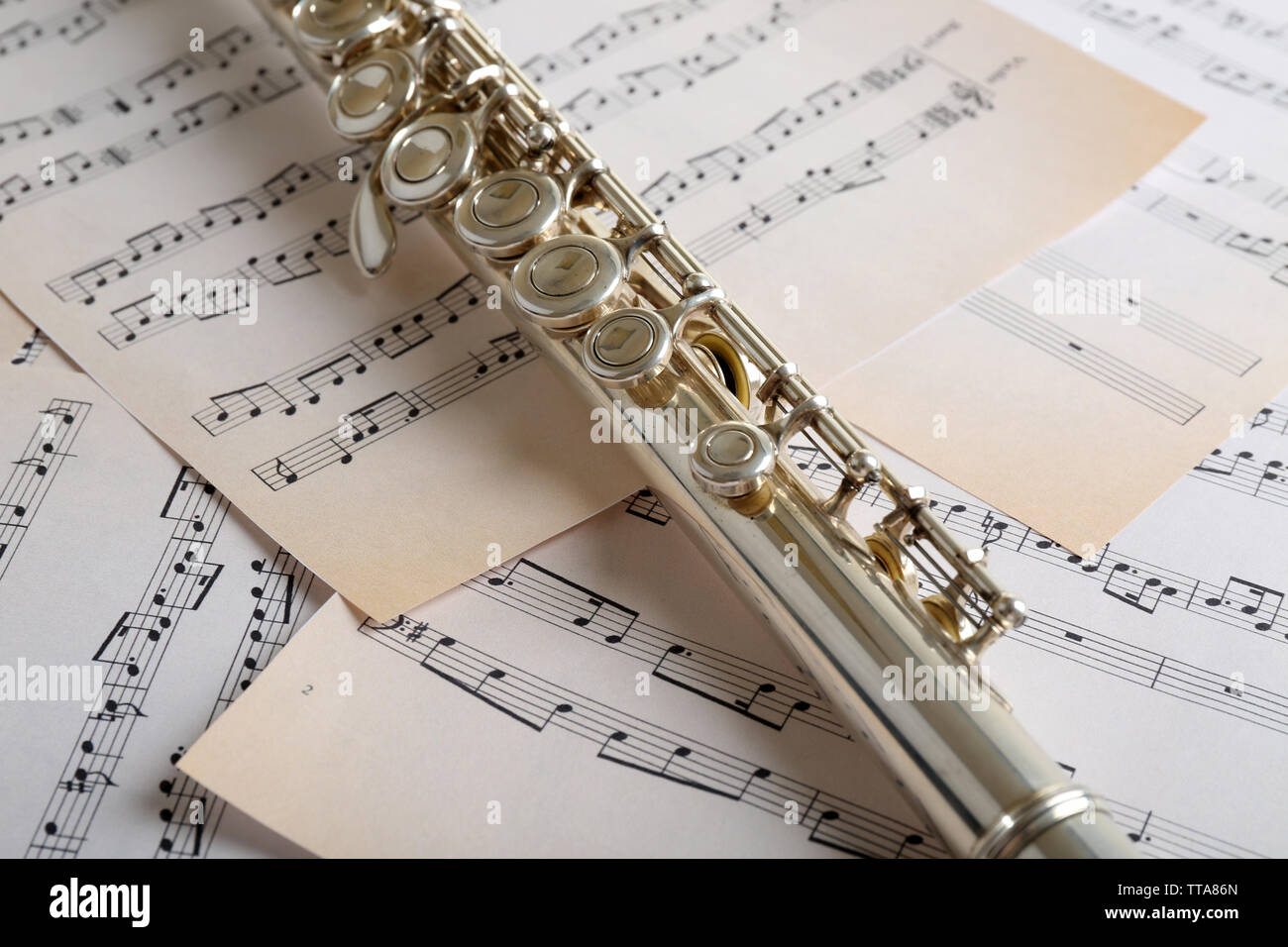 Flute on music notes background Stock Photo - Alamy