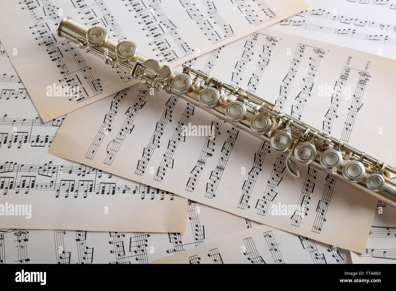 Flute on music notes background Stock Photo - Alamy