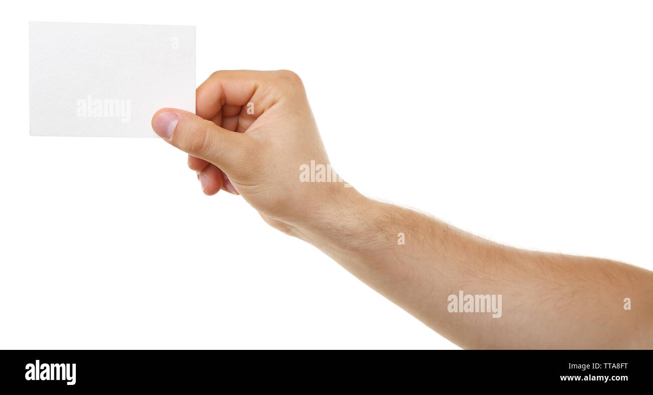 Male hand holding paper card isolated on white Stock Photo - Alamy