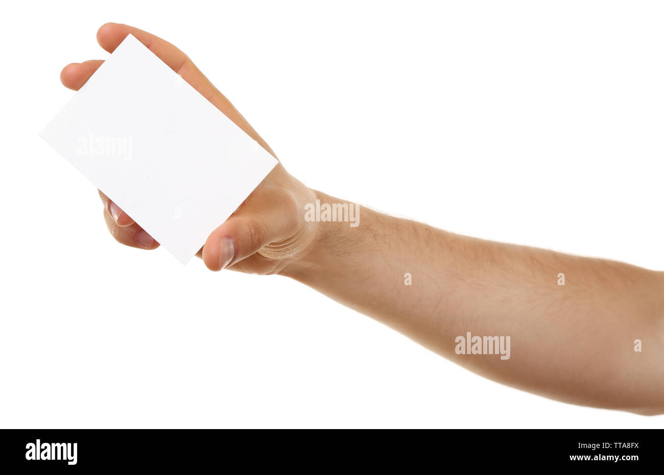 Male hand holding paper card isolated on white Stock Photo - Alamy