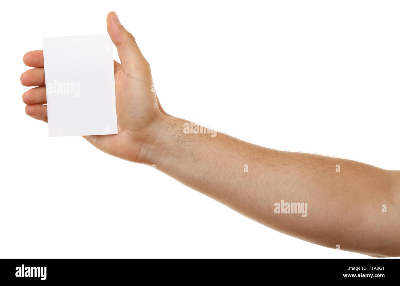 Male hand holding paper card isolated on white Stock Photo - Alamy