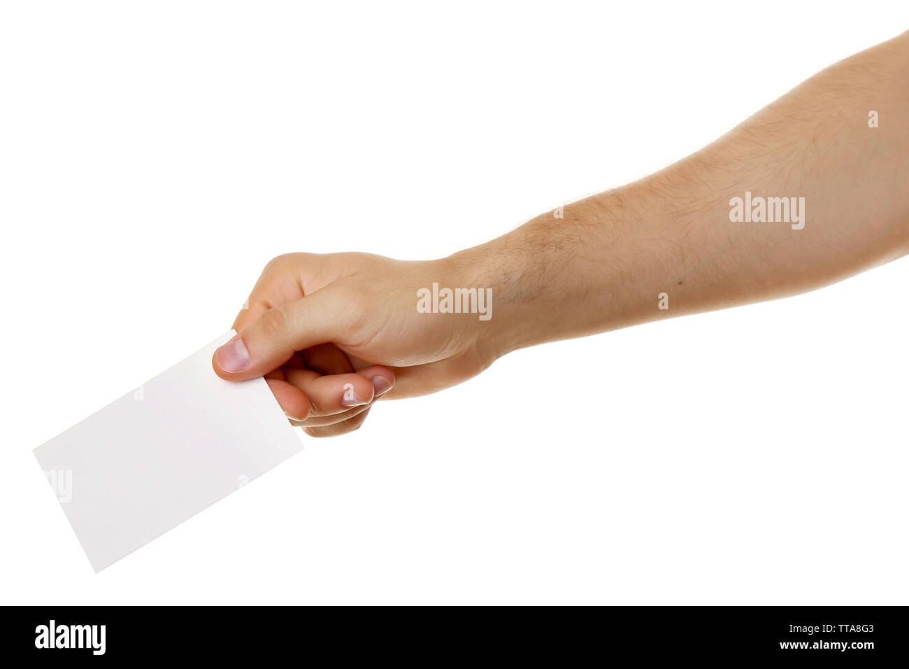 Male hand holding paper card isolated on white Stock Photo - Alamy
