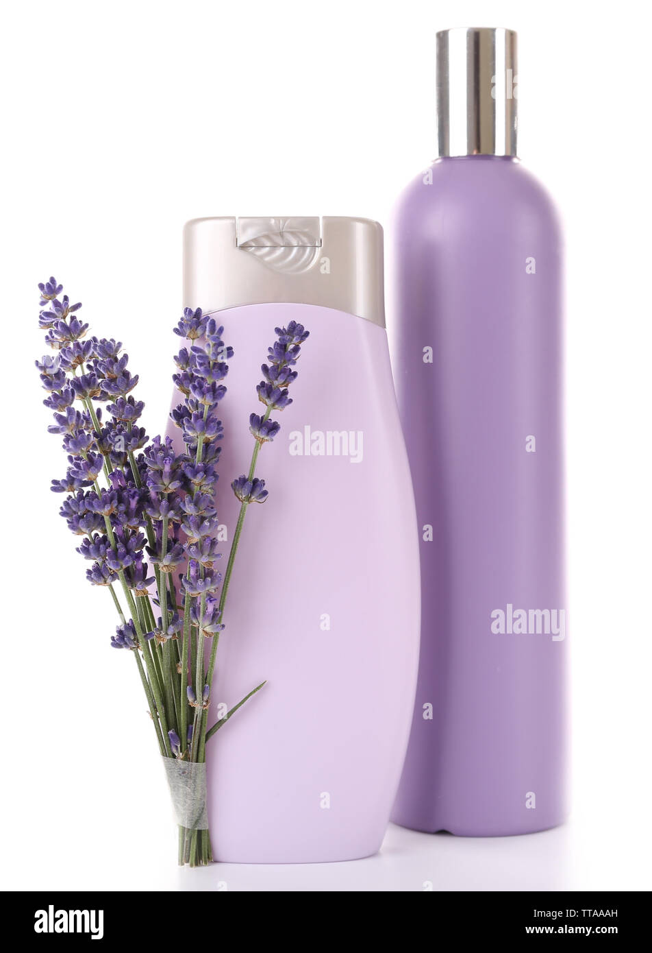 Plastic bottles of shampoo with fresh lavender isolated on white Stock ...