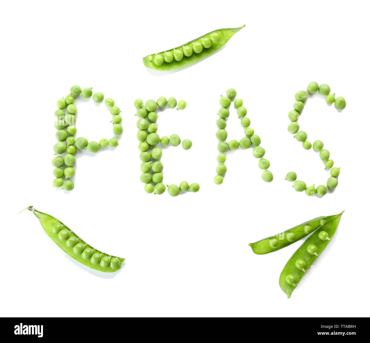 Word Peas made of green fresh peas isolated on white Stock Photo - Alamy
