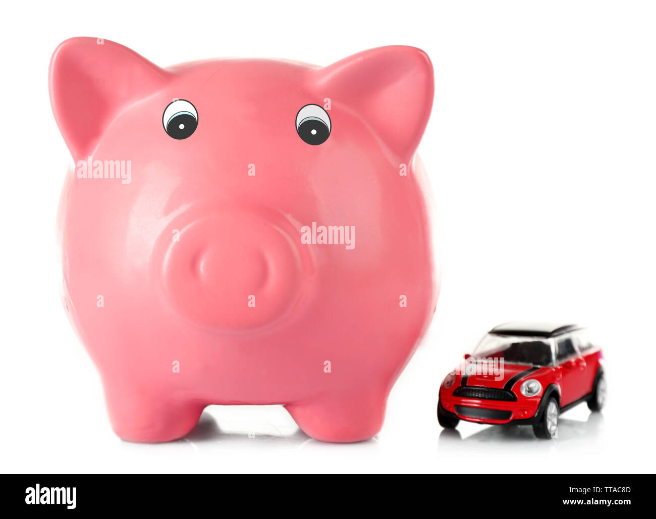 Piggy bank with toy car isolated on white Stock Photo - Alamy