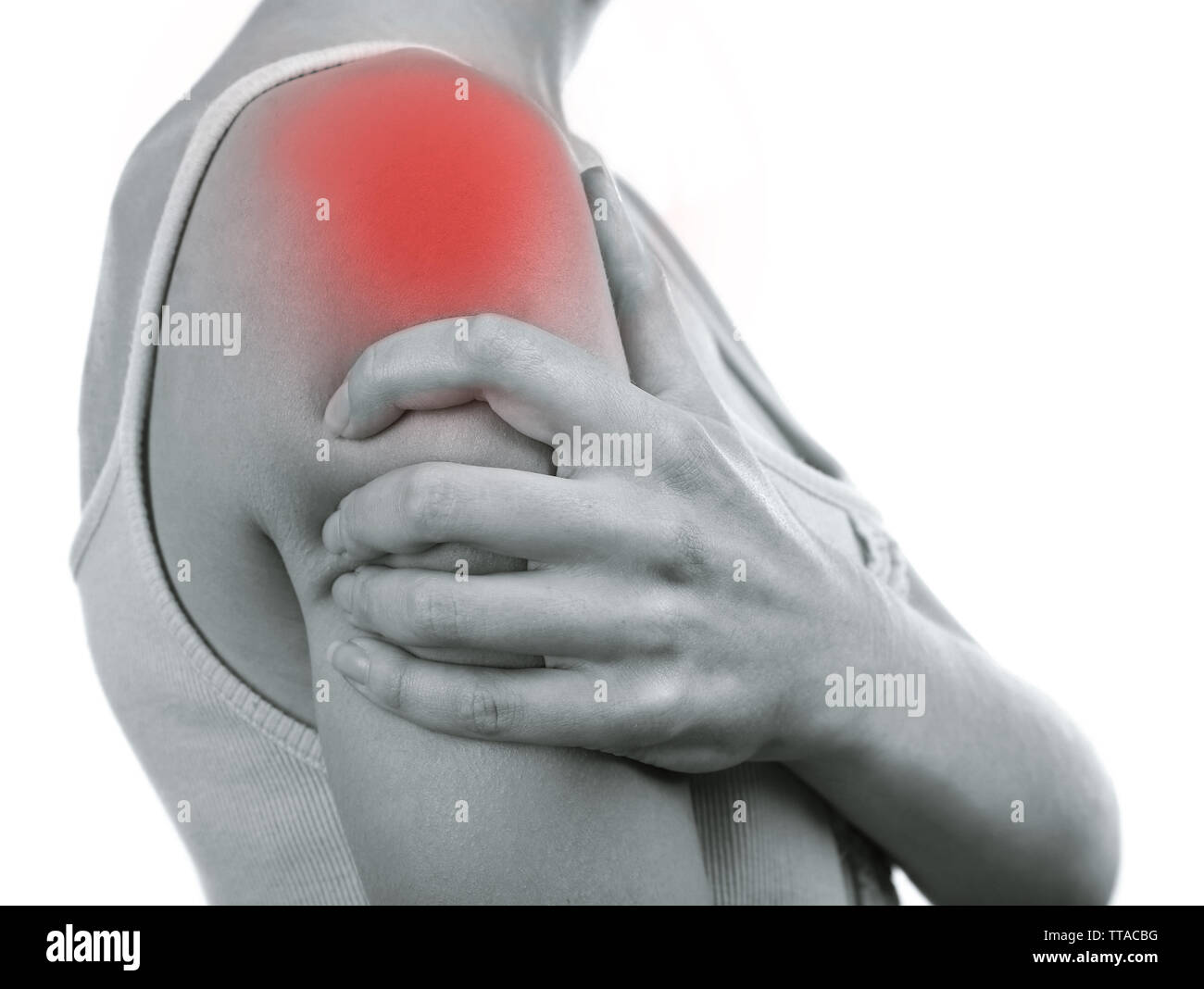 Young woman with shoulder pain isolated on white Stock Photo - Alamy