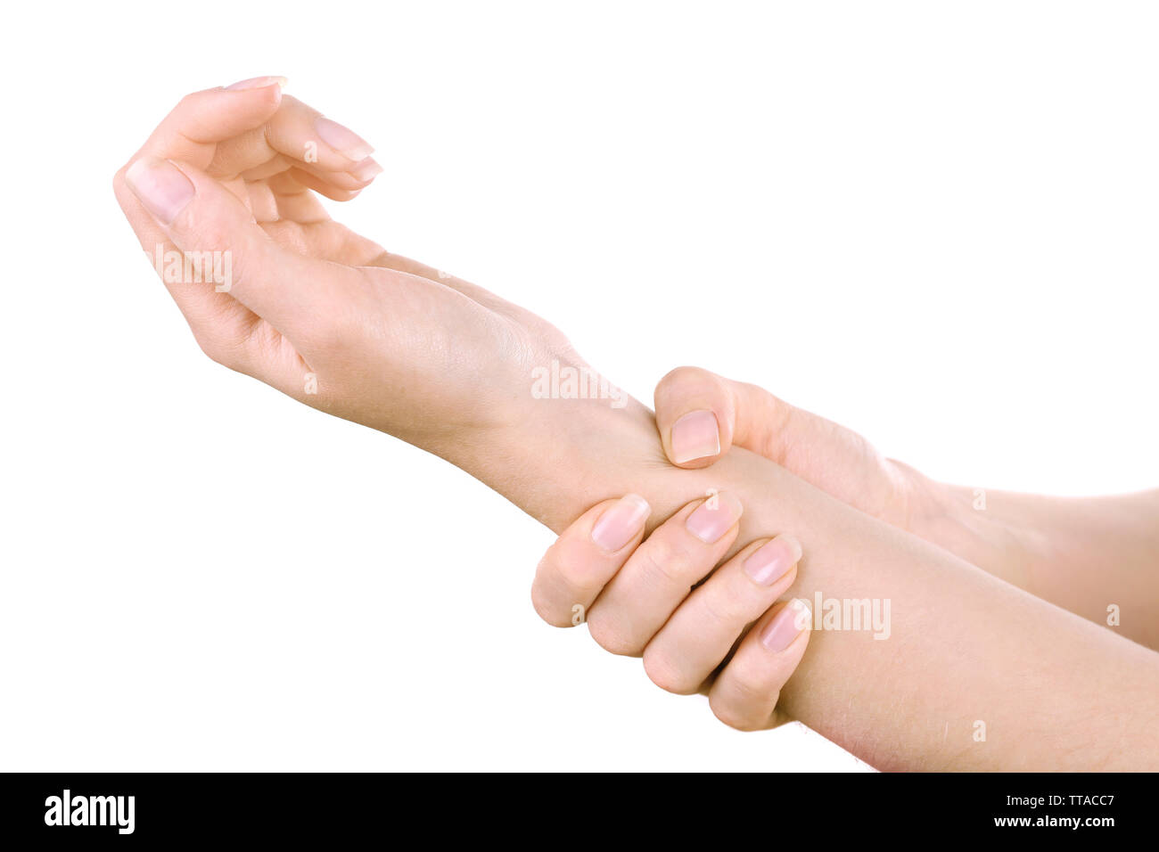 Young woman with hand pain isolated on white Stock Photo - Alamy