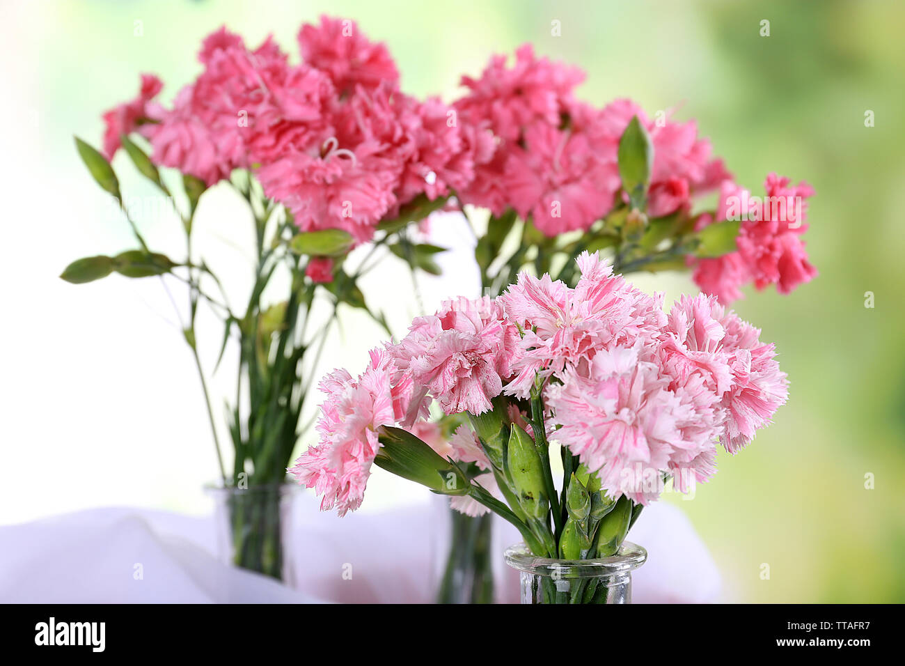 Beautiful bouquet of pink carnation in vases on bright background Stock ...