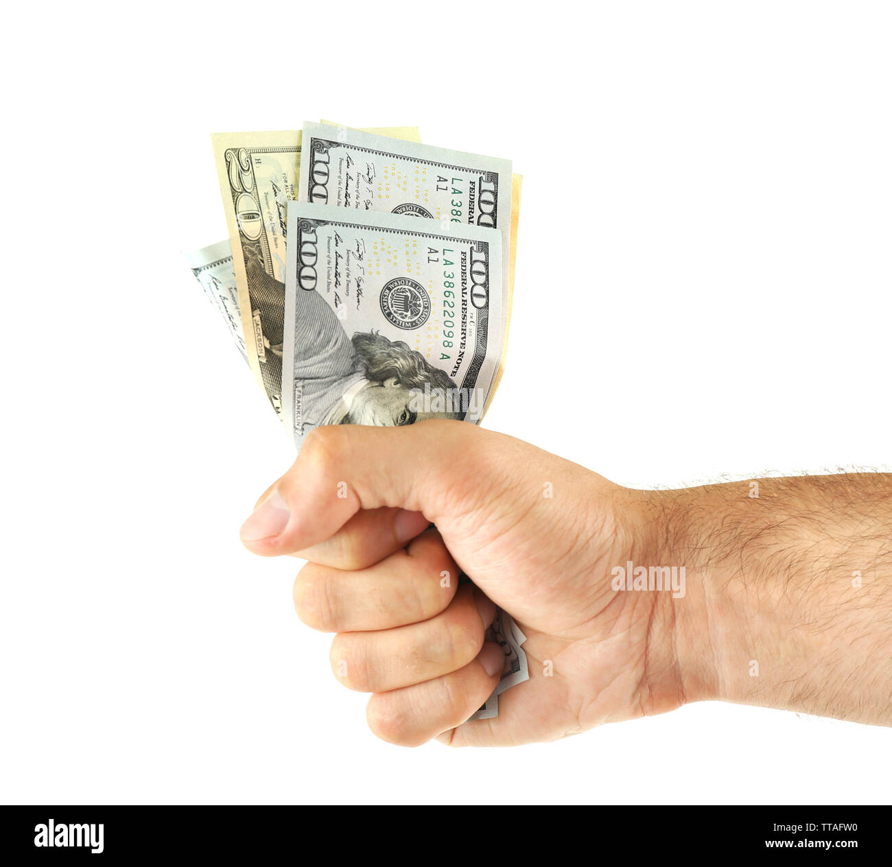Male hand holding money isolated on white Stock Photo - Alamy