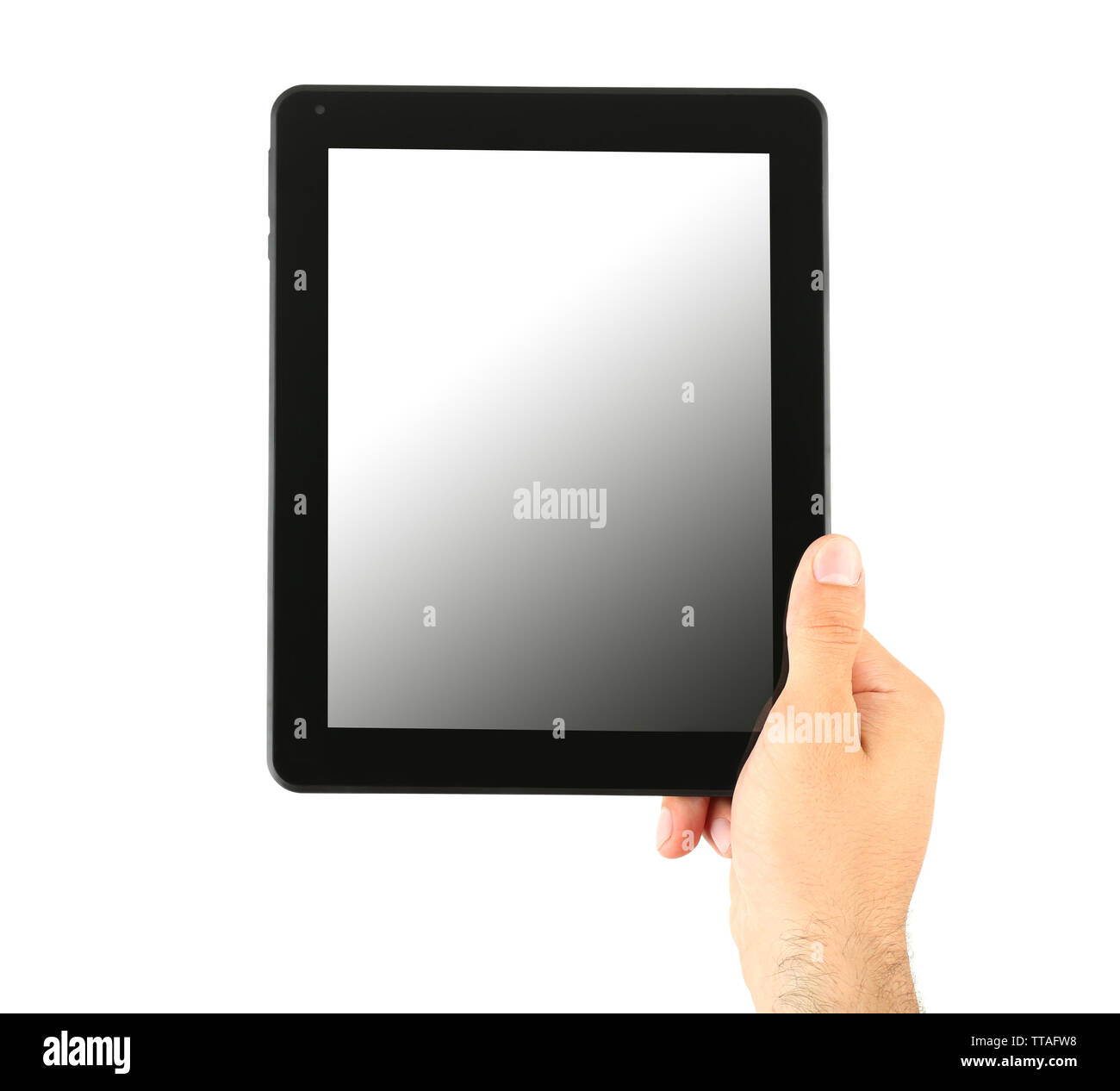 Male hands holding tablet isolated on white Stock Photo - Alamy