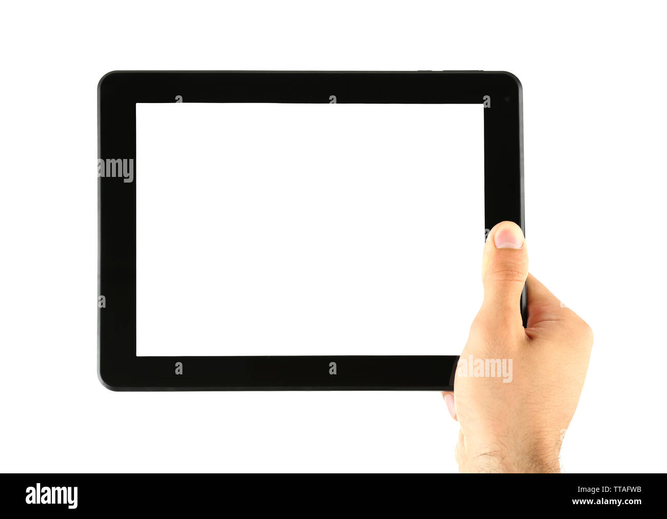 Male hands holding tablet isolated on white Stock Photo - Alamy