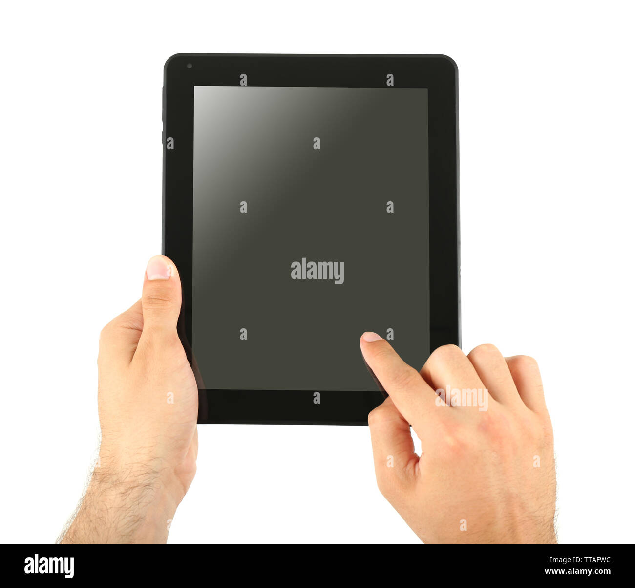 Male hands holding tablet isolated on white Stock Photo - Alamy