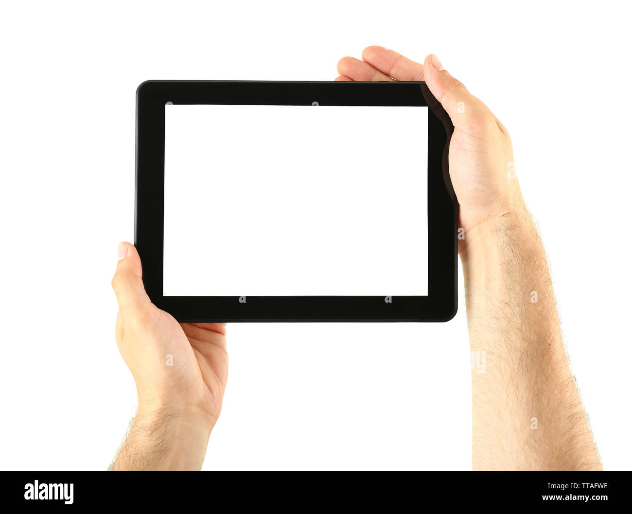 Male hands holding tablet isolated on white Stock Photo - Alamy