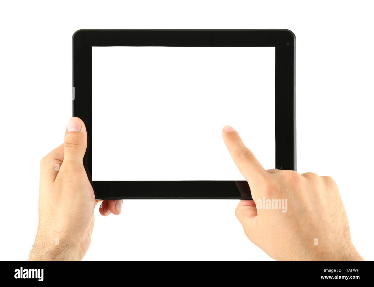 Male hands holding tablet isolated on white Stock Photo - Alamy