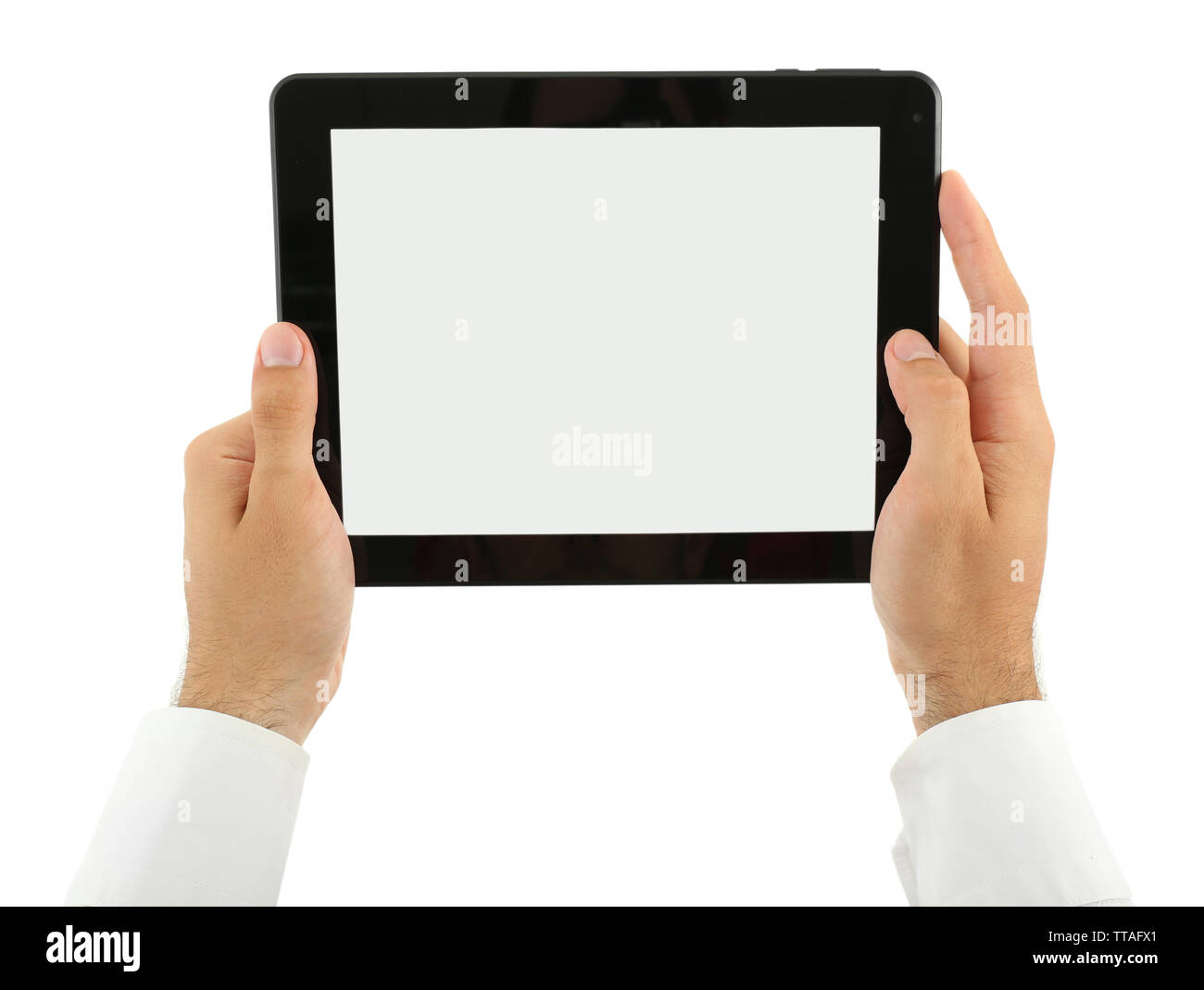 Male hands holding tablet isolated on white Stock Photo - Alamy
