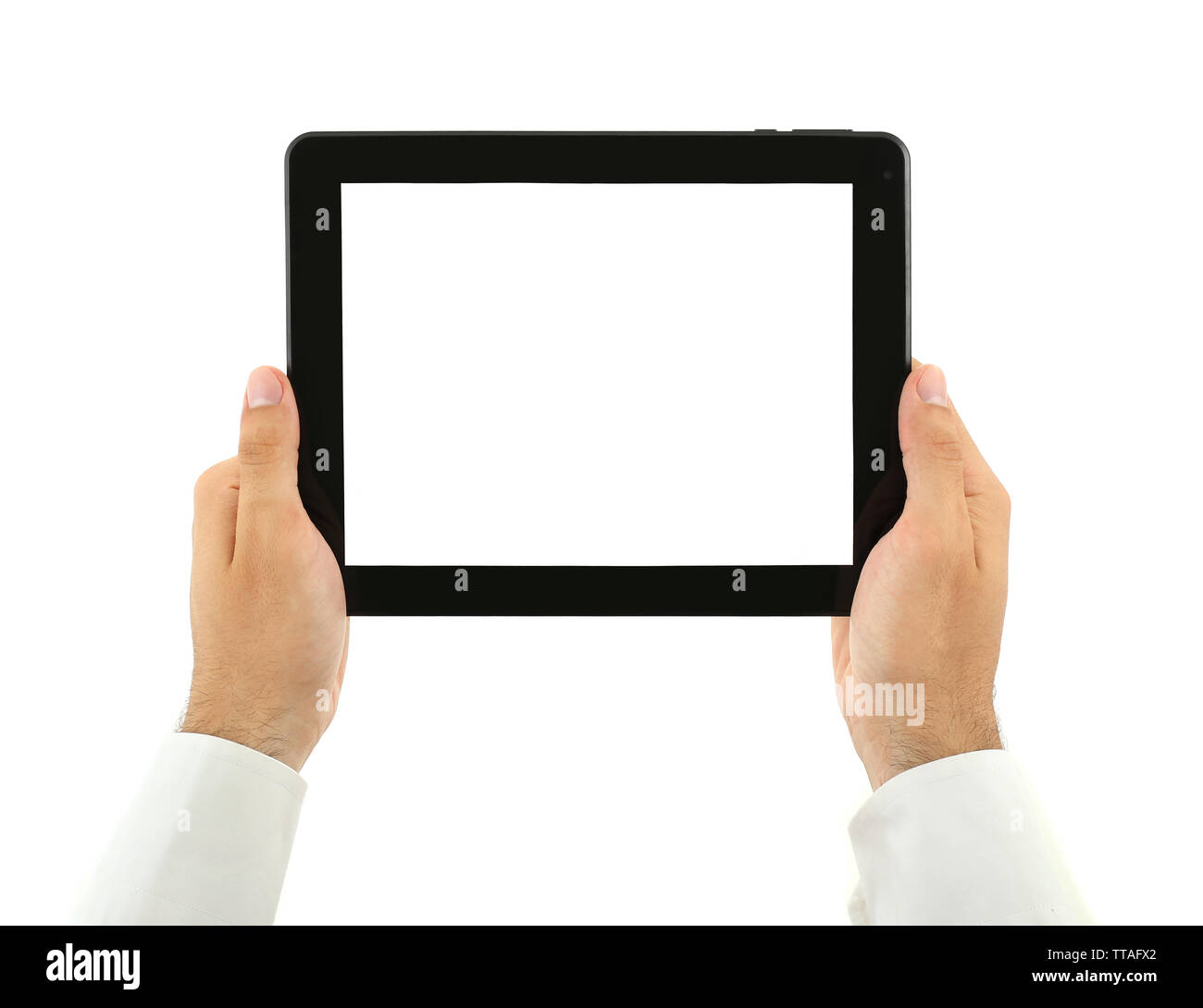 Male hands holding tablet isolated on white Stock Photo - Alamy