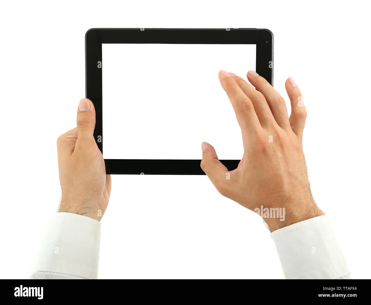 Male hands holding tablet isolated on white Stock Photo - Alamy