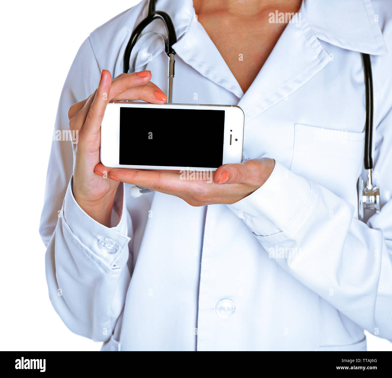 Doctor with stethoscope and smart phone, isolated on white Stock Photo ...